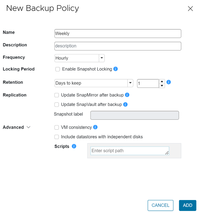 Crear políticas de backup para máquinas virtuales y almacenes de datos